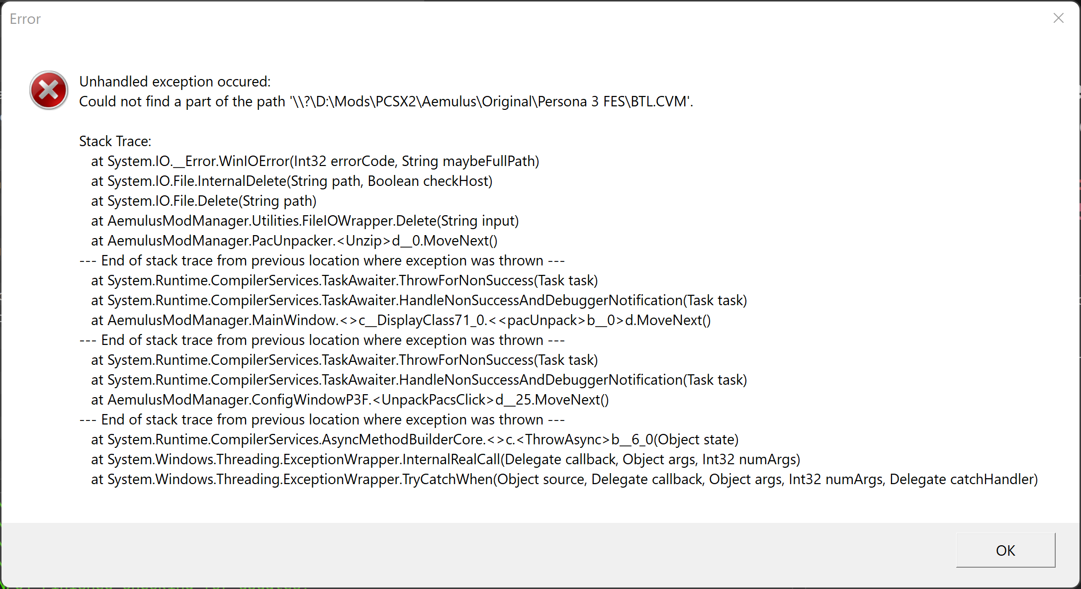Unhandled Exception error · Issue #43 · TekkaGB/AemulusModManager · GitHub
