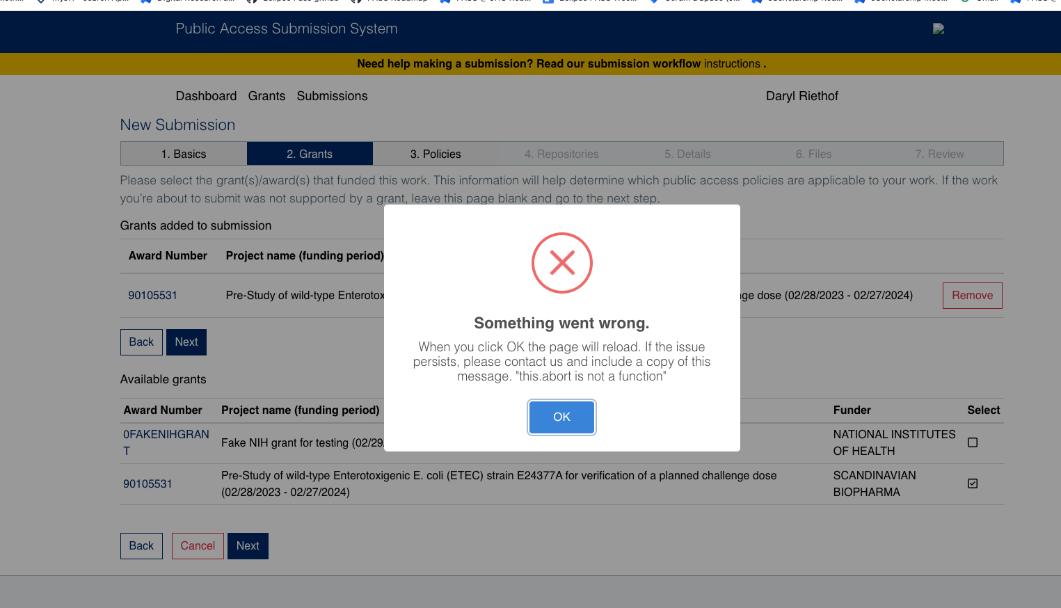 Error when trying to cancel on multiple steps in the workflow (Grants, Policies, Files) · Issue ...