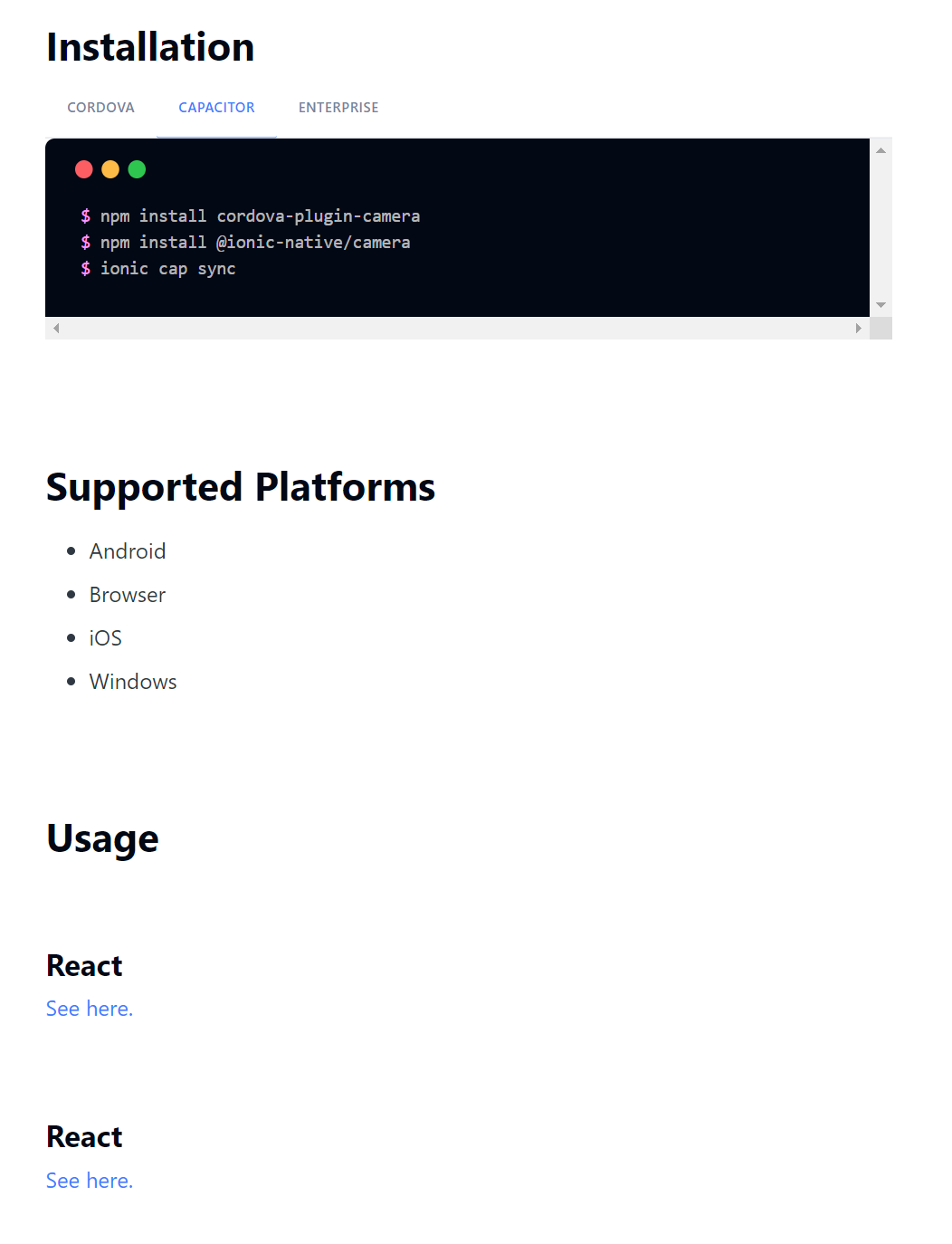 Duplicate React Sections For Usage Of The Camera Plugin · Issue 1861 · Ionic Team Ionic Docs