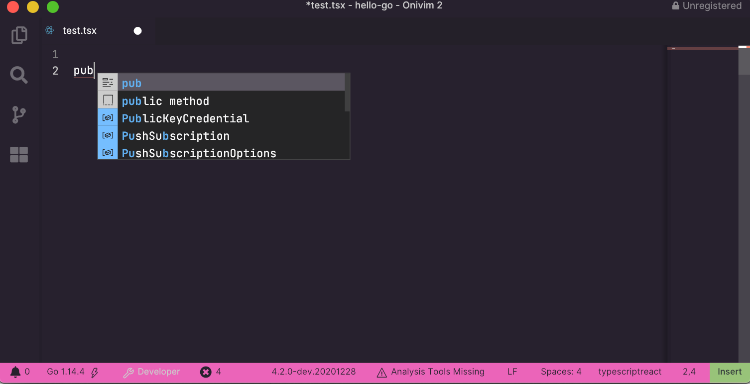 Code completions from vscode-go extension are case-sensitive · Issue #3136 · onivim/oni2 · GitHub