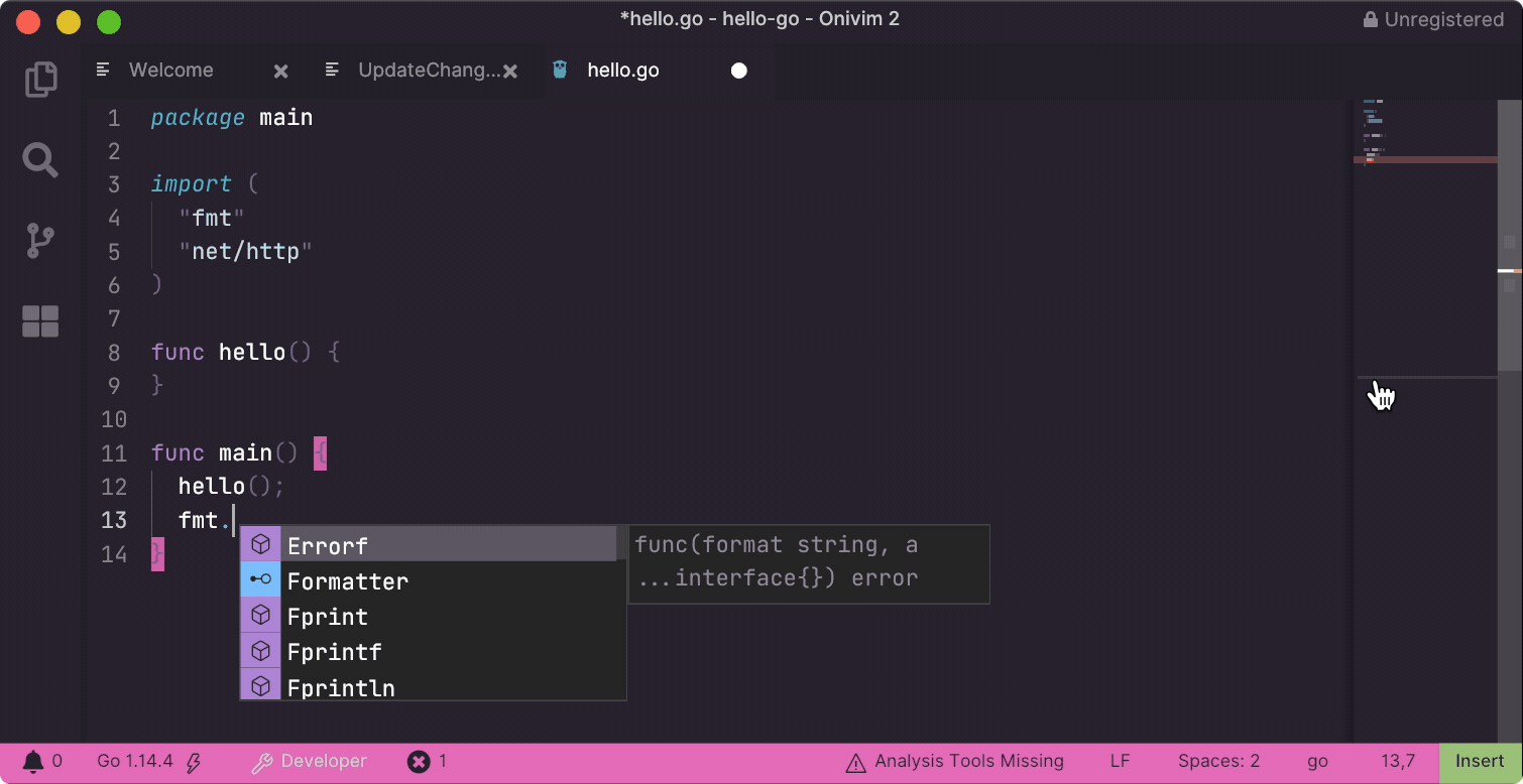 Code completions from vscode-go extension are case-sensitive · Issue #3136 · onivim/oni2 · GitHub