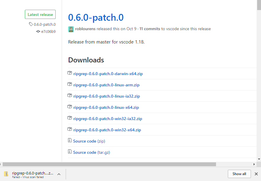 Malware Present In Ia32 Windows Artifact · Issue 6 · Roblourensvscode Ripgrep · Github