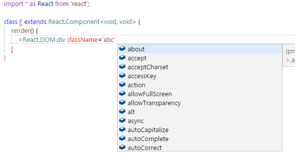 TSX intellisense does not initially show suggestions for properties when the tag is a dotted ...