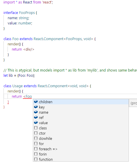 TSX intellisense does not initially show suggestions for properties when the tag is a dotted ...