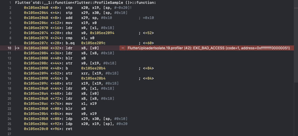 iOS: FlutterUploaderIsolate.[number].profiler EXC_BAD_ACCESS (code=1, ... ) while uploading ...