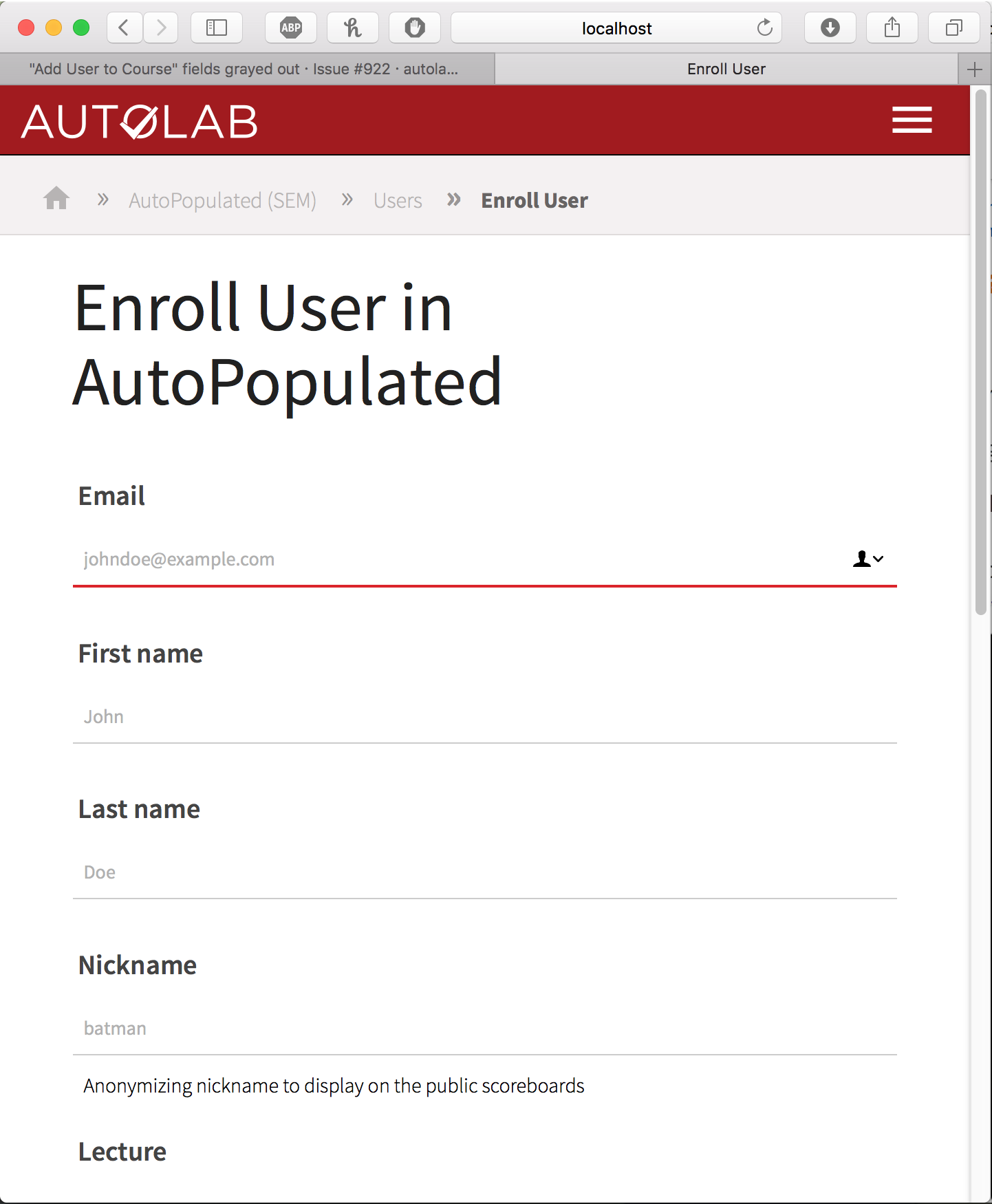 "Add User to Course" fields grayed out · Issue #922 · autolab/Autolab · GitHub