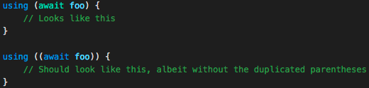 Await statement incorrectly highlighted in "using" statement · Issue #123 · dotnet/csharp ...