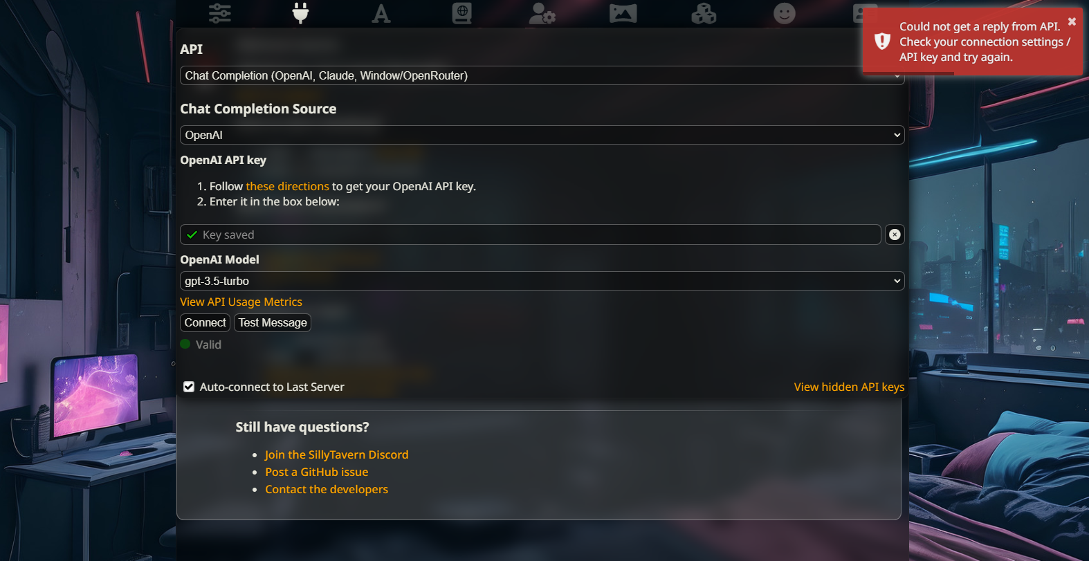 [BUG] Not getting a response from Chatbots - "Could not get a reply from API. Check your ...