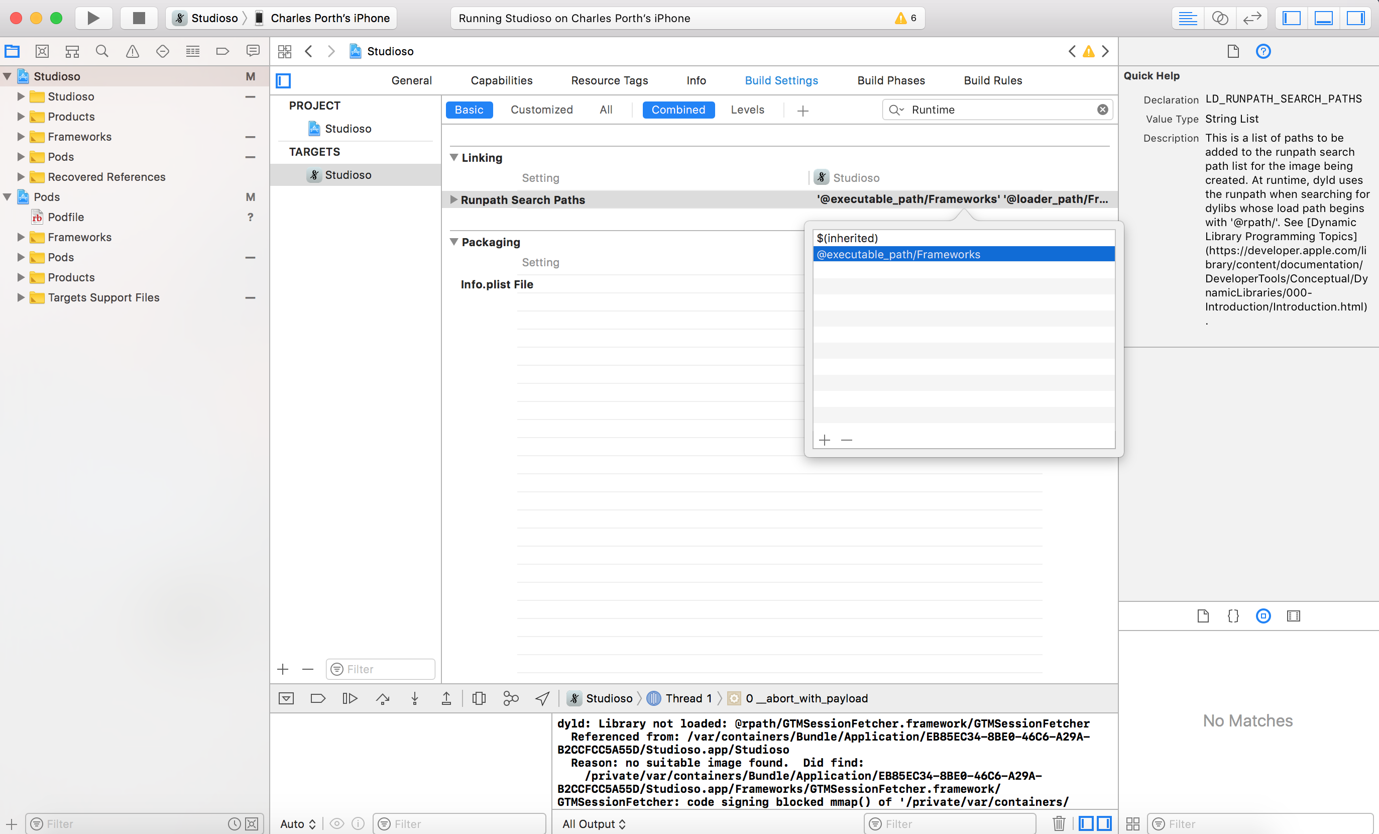 dyld library not loaded: GTMSessionFetcher · Issue #307 · firebase/firebase-ios-sdk · GitHub