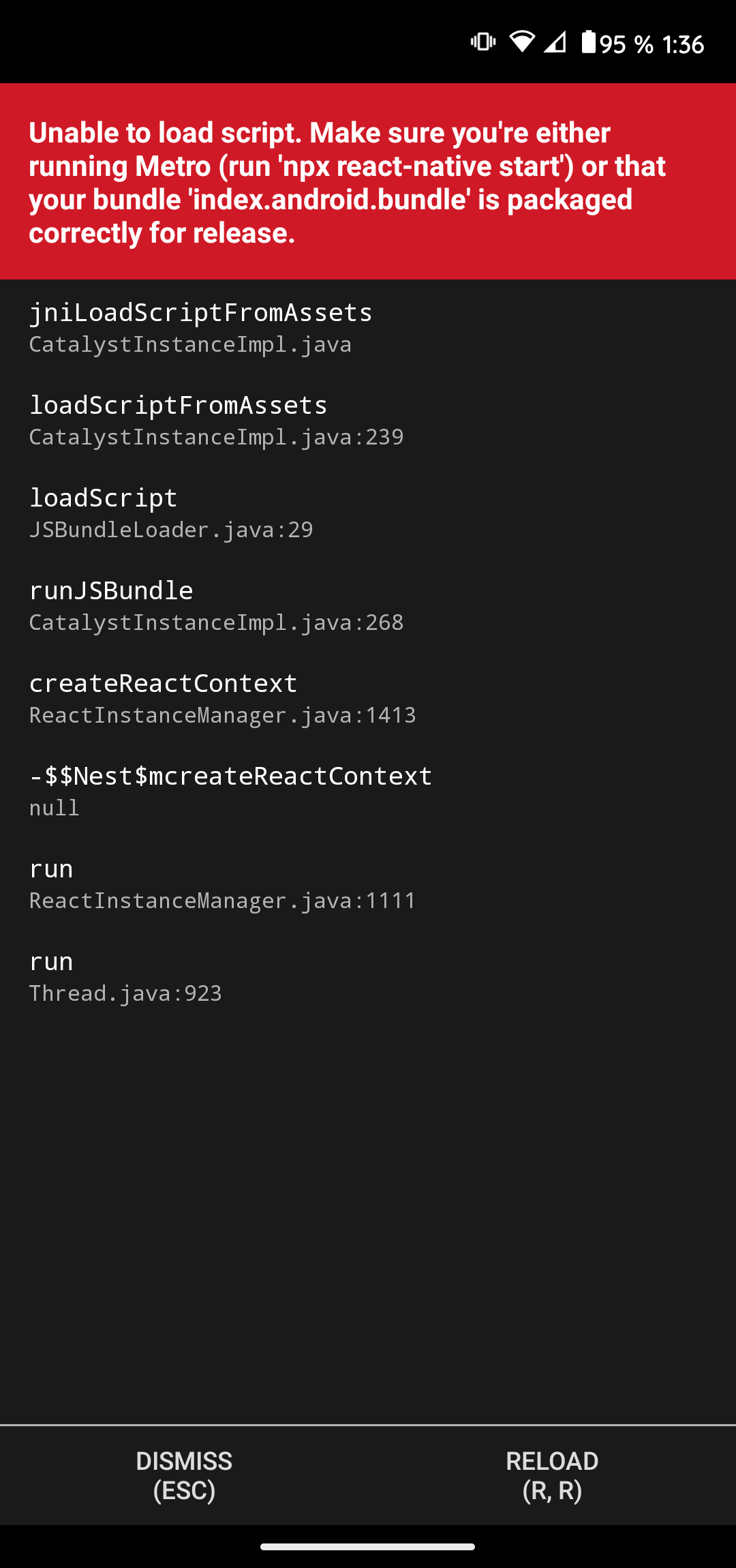 unabled to load script.Make sure're either runnin Metro or that your bundle index.android,bundle ...