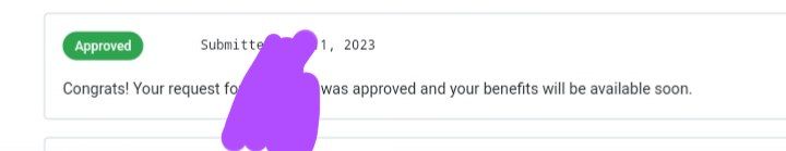 Congrats! Your request for @yourname was approved and your benefits will be available soon ...