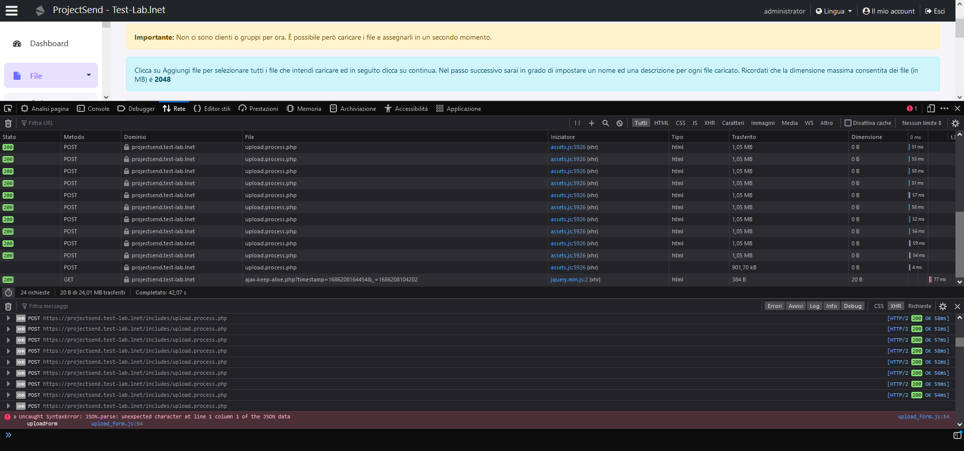 Issue when upload, browser console say "JSON.parse" · Issue #1262 · projectsend/projectsend · GitHub
