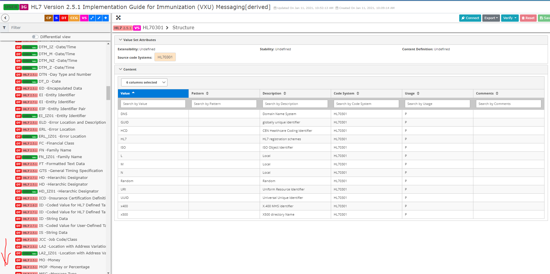 [BUG] User should be redirected to value set in TOC when clicking on a value set in a datatype ...