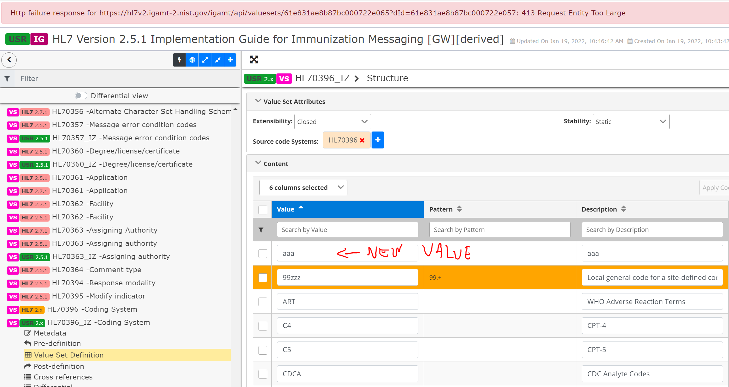 [BUG] [URGENT] Error 413 Request Entity Too Large when trying to add code to value set · Issue ...