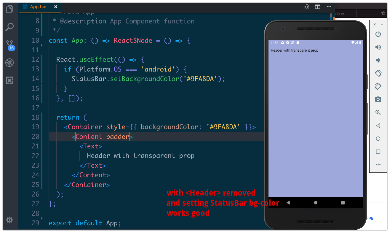 NativeBase - issue with Android StatusBar color/transprancy with Header component, icons on ...