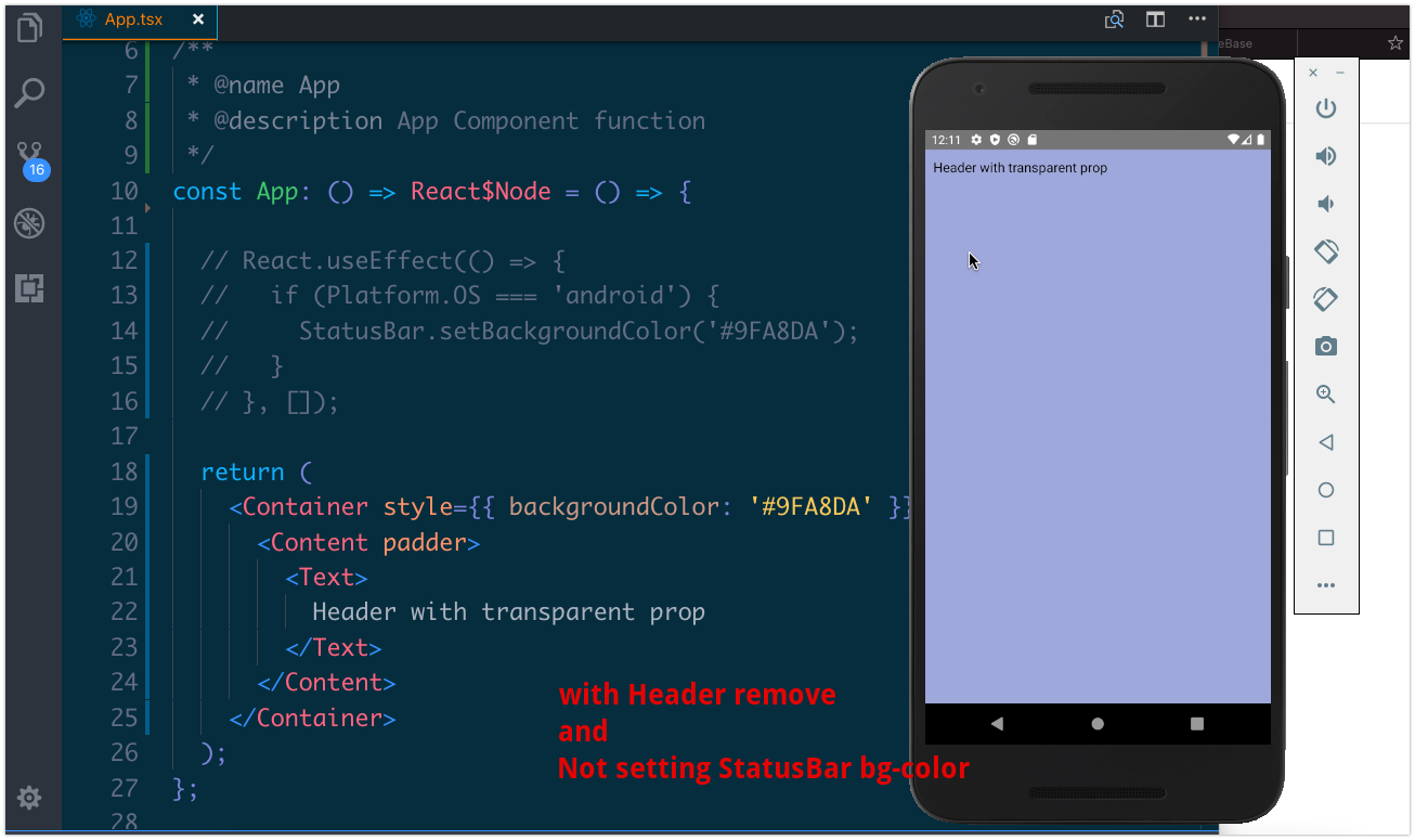 NativeBase - issue with Android StatusBar color/transprancy with Header component, icons on ...