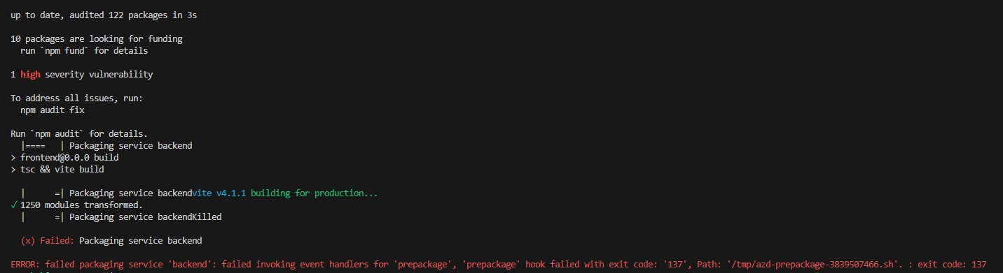ERROR: failed packaging service 'backend': failed invoking event handlers for 'prepackage ...