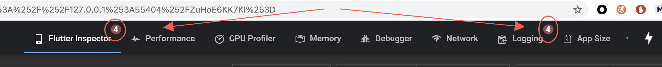 what is the unread indicator above the 'Flutter Inspector' and 'Logging' tab about? · Issue ...
