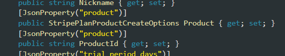 an odd error, A member with the name 'product' already exists on 'Stripe.StripePlanCreateOptions ...