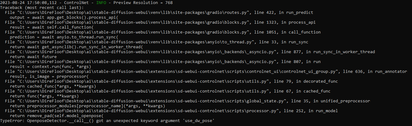 [Bug]: TypeError: OpenposeDetector.__call__() got an unexpected keyword argument 'use_dw_pose ...