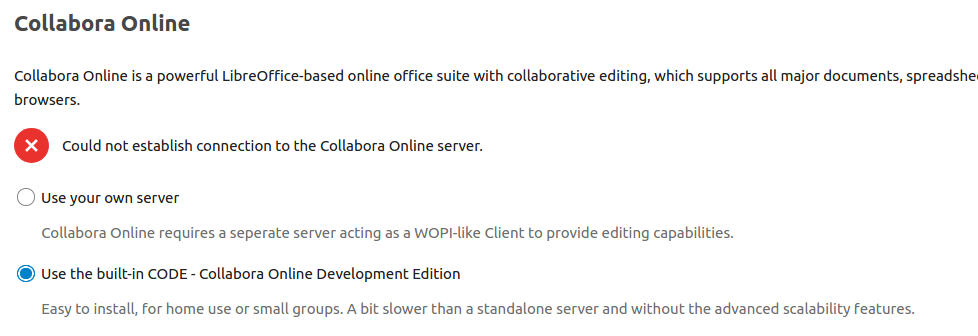Collabora Online - Built-in CODE Server: Could not establish connection to the Collabora Online ...