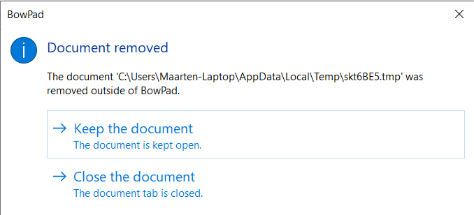 Dragging a tab from one bowpad window to another bowpad window causes "Document removed" popup ...