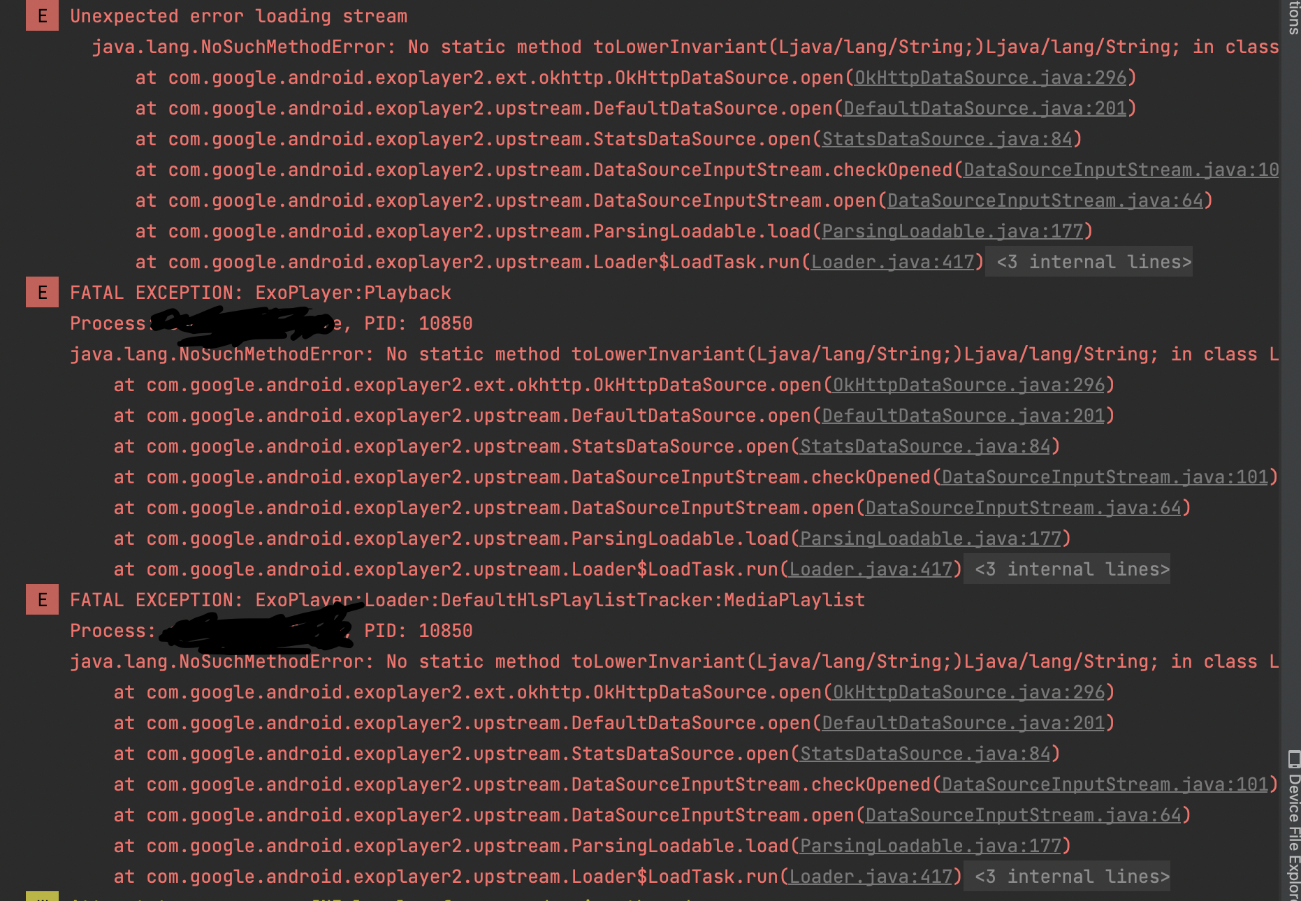 Fatal Exception Exoplayerloaderloaderhlssamplestreamwrapper · Issue