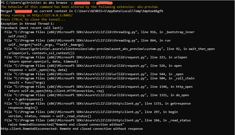 az aks browse - aks dashboard not configured to listen on http port ...