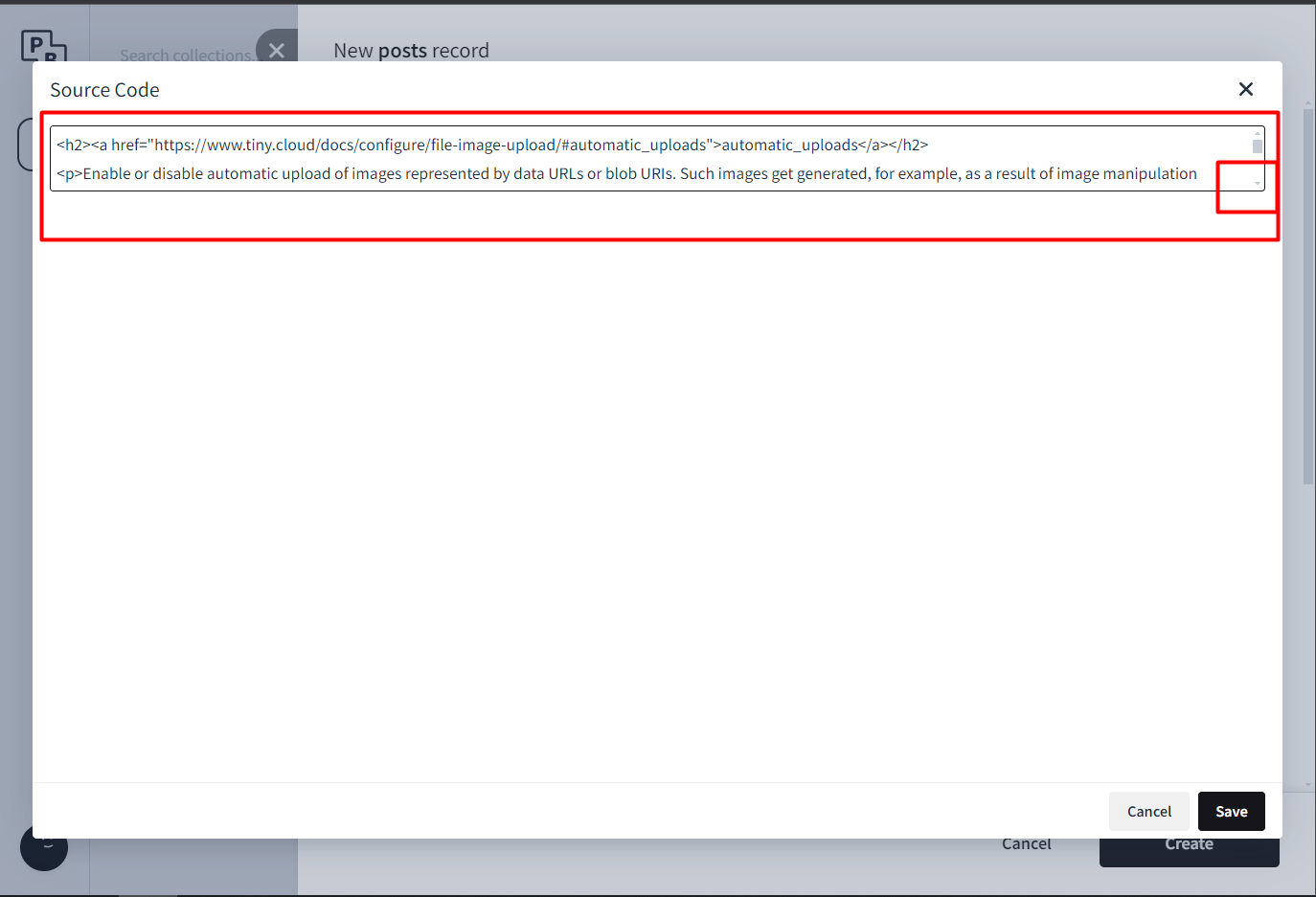 Feature request: Resizeable textarea of TinyMCE 'source code' · Issue #3715 · pocketbase ...