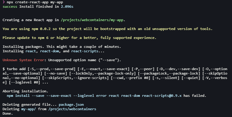 BUG: npm version 0.0.2 causes create-react-app to fail · Issue #134 · stackblitz/webcontainer ...