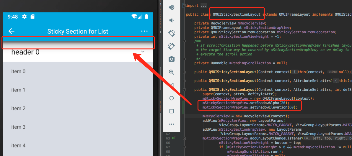 用QMUIStickySectionLayout实现分组粘性头部列表，阴影效果bug · Issue #723 · Tencent/QMUI_Android · GitHub