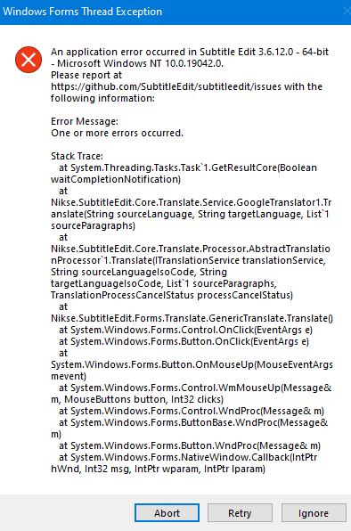 Auto Translate Have Stack Trace Issue · Issue 7012 · Subtitleeditsubtitleedit · Github 