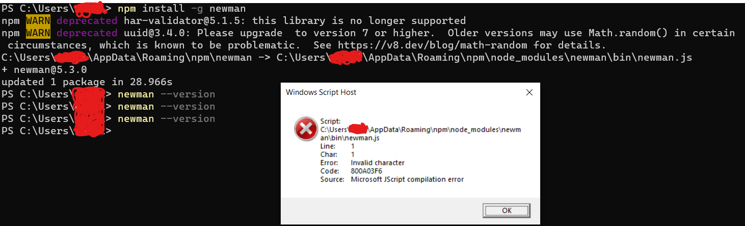 Invalid Character error for Newman on Windows. · Issue #2886 ...