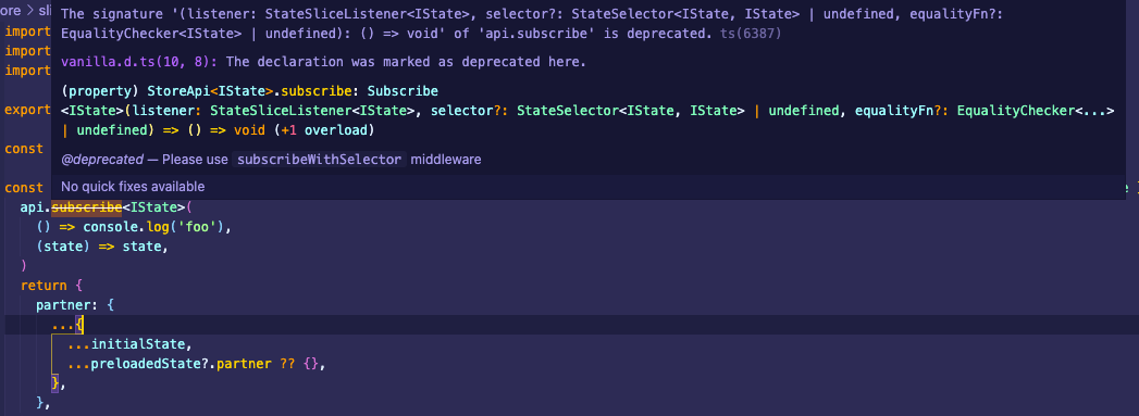 subscribeWithSelector break types with Typescript · Issue #616 · pmndrs/zustand · GitHub