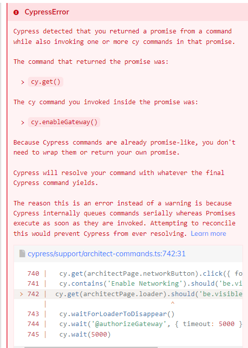 Cypress detected that you returned a promise from a command while also invoking one or more cy ...