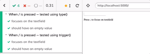 trigger("keydown", ...) or type() seems to have a different behaviour compared to browsers ...