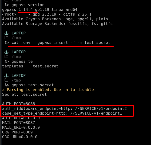 [BUG] Gopass reorder variables and add extra spaces · Issue #2300 · gopasspw/gopass · GitHub