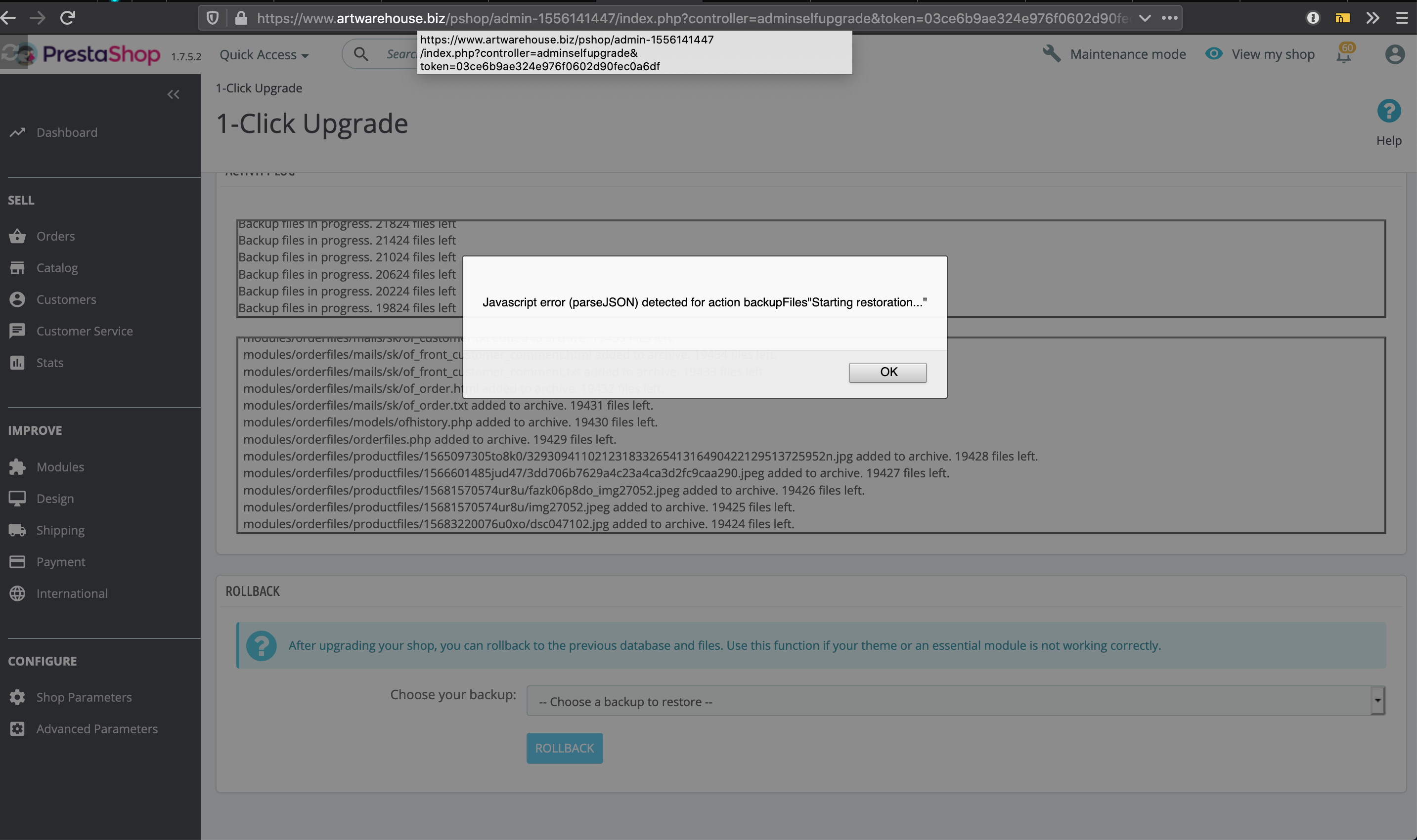 Javascript error (parseJSON) detected for action "backupFiles" · Issue #18296 · PrestaShop ...