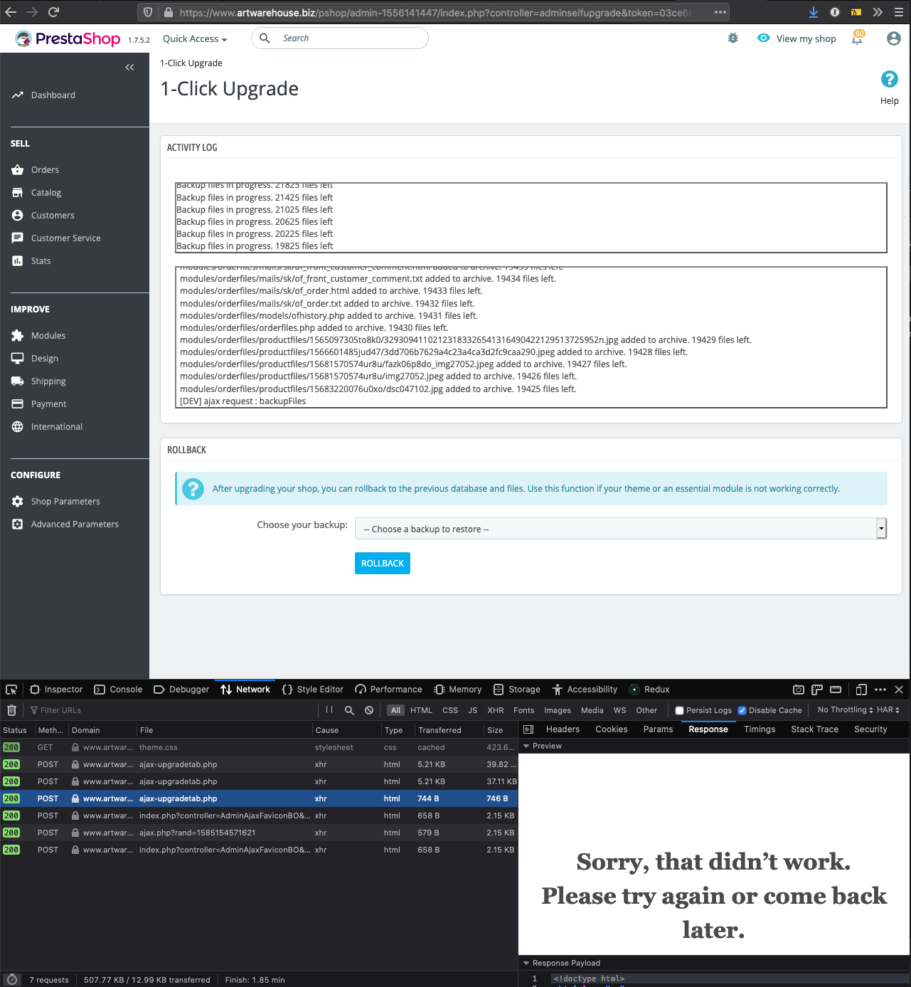 Javascript error (parseJSON) detected for action "backupFiles" · Issue #18296 · PrestaShop ...