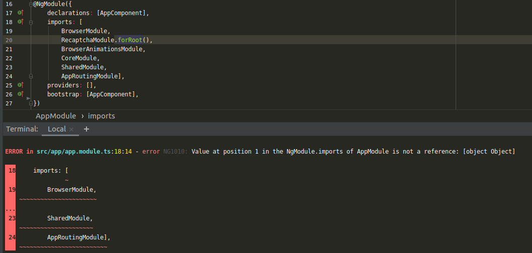 Value at position x in the NgModule.imports of AppModule is not a reference: [object Object ...