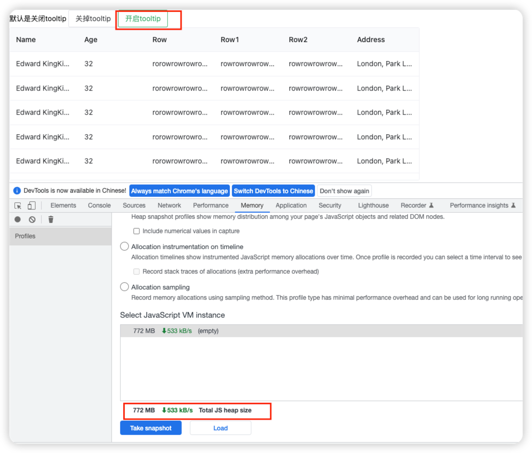 表格开启 Tooltip之后 内存增加过大 卡顿 · Issue 4737 · Tusen Ai Naive Ui · Github