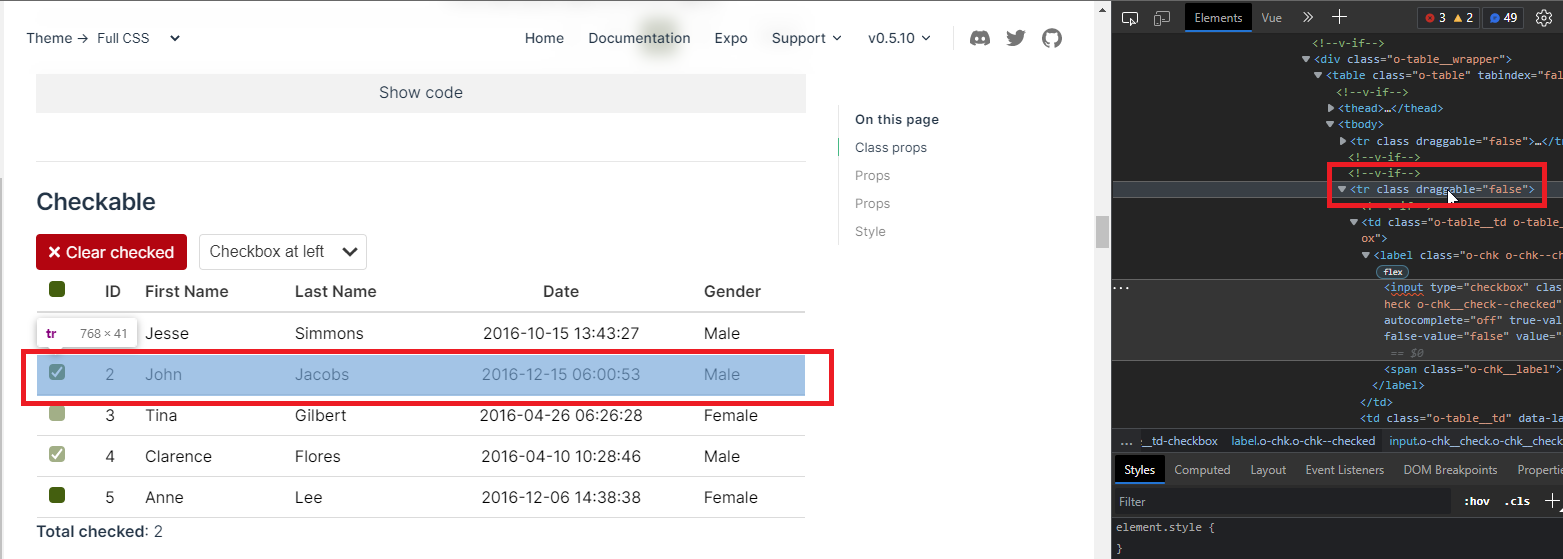 The is-checked class on the o-table row is missing when the user clicks on the checkbox in the ...
