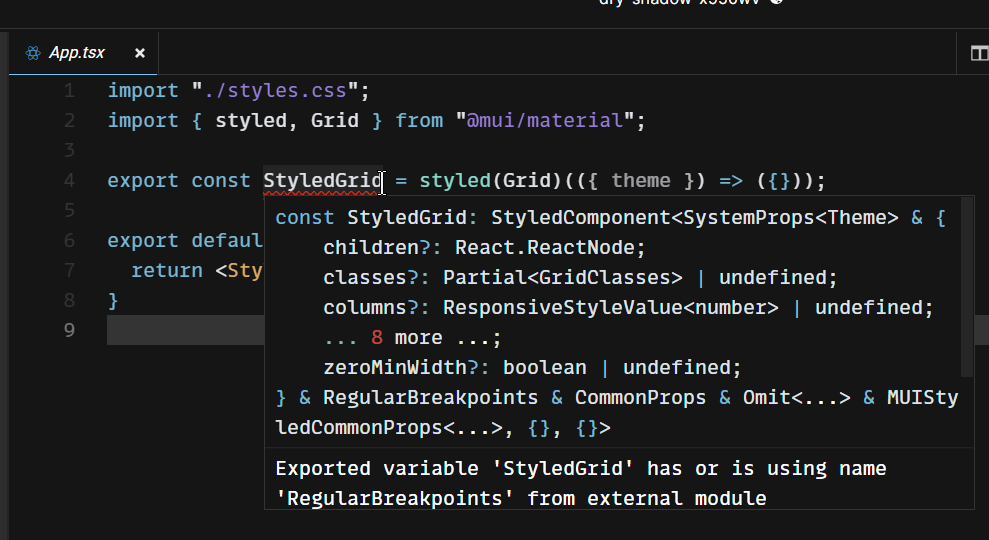 Using a styled(Grid) results in an error from 'RegularBreakpoints ...