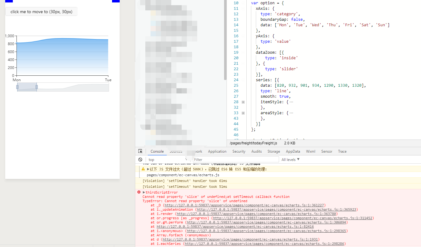 datazoom的拖动，拖动到横坐标只剩两个值的时候，程序会报错。 · Issue #223 · ecomfe/echarts-for-weixin · GitHub