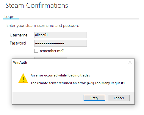 An error occurred while loading trades. The remote server returned an error: (429) Too Many ...