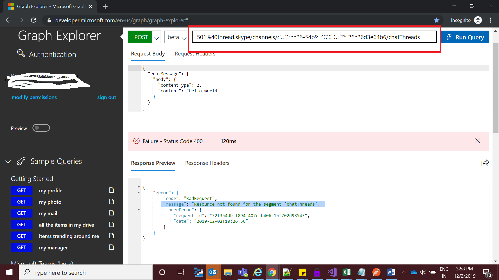 Resource not found for the segment 'chatThreads' · Issue #33 · microsoftgraph/csharp-teams ...