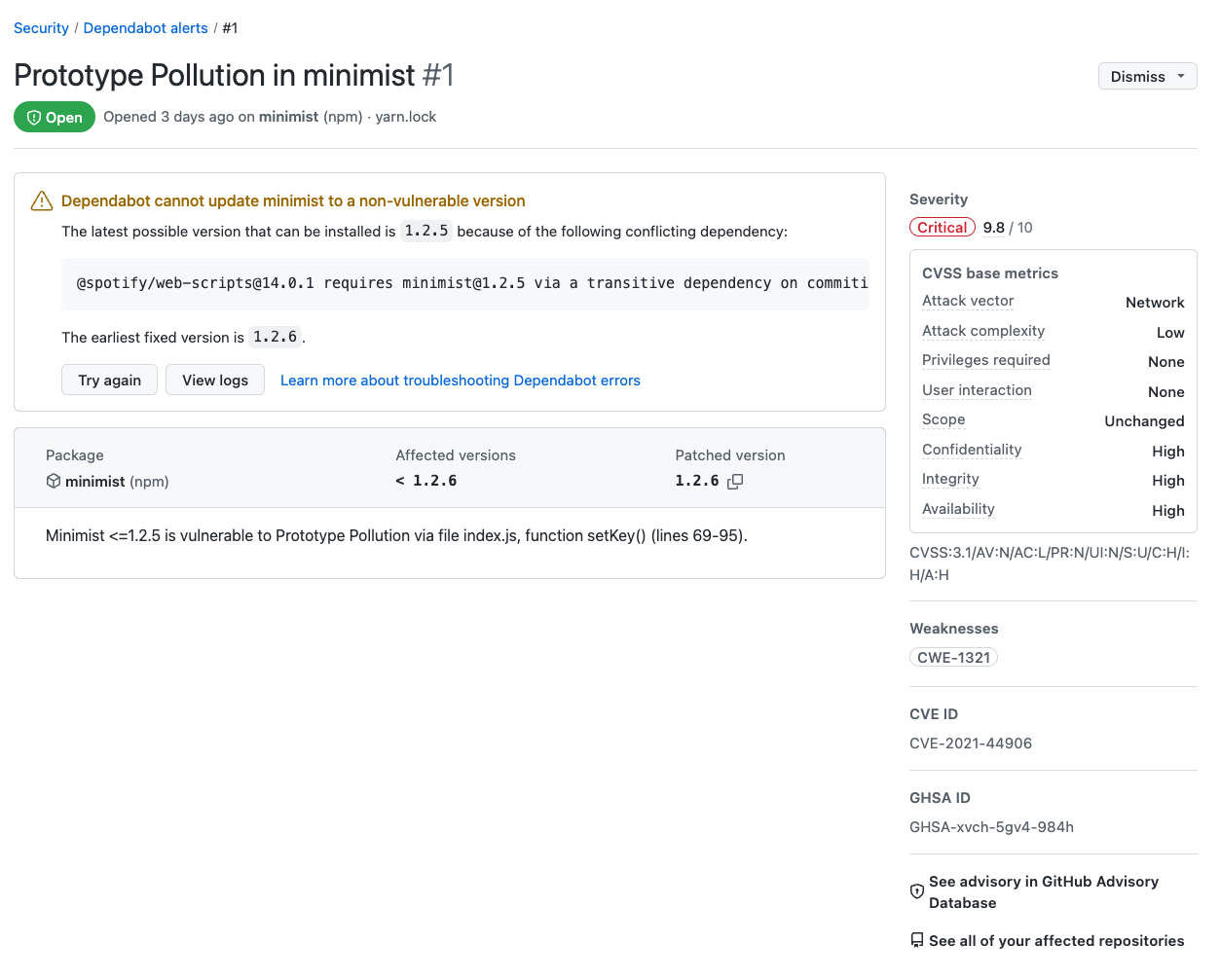 Security issue: Prototype Pollution in minimist · Issue #1007 · spotify/web-scripts · GitHub