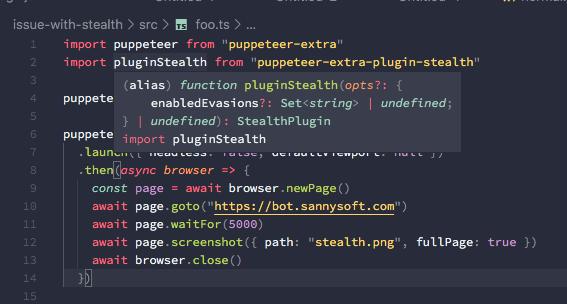 Type error of pluginStealth · Issue #85 · berstend/puppeteer-extra · GitHub