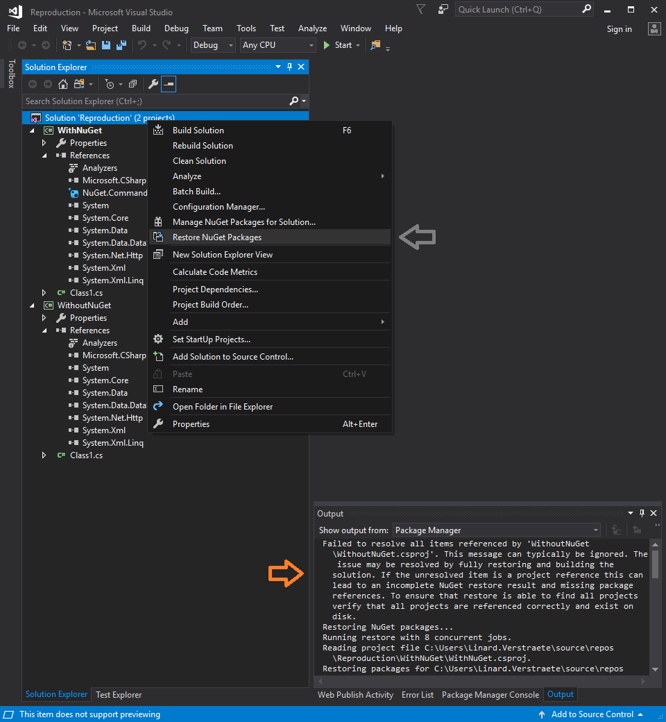 "Failed to resolve all items referenced by '*.csproj' " warning shouldn ...