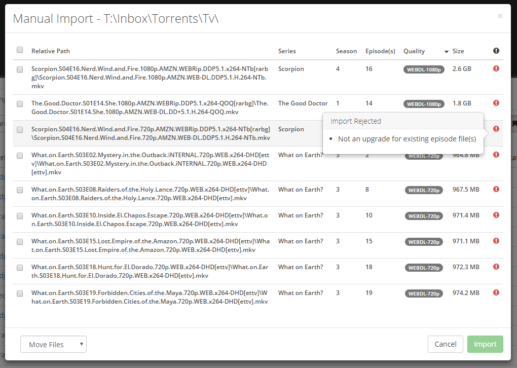 Manual Import - Files not rejected when file is not an upgrade for a file already on disk ...